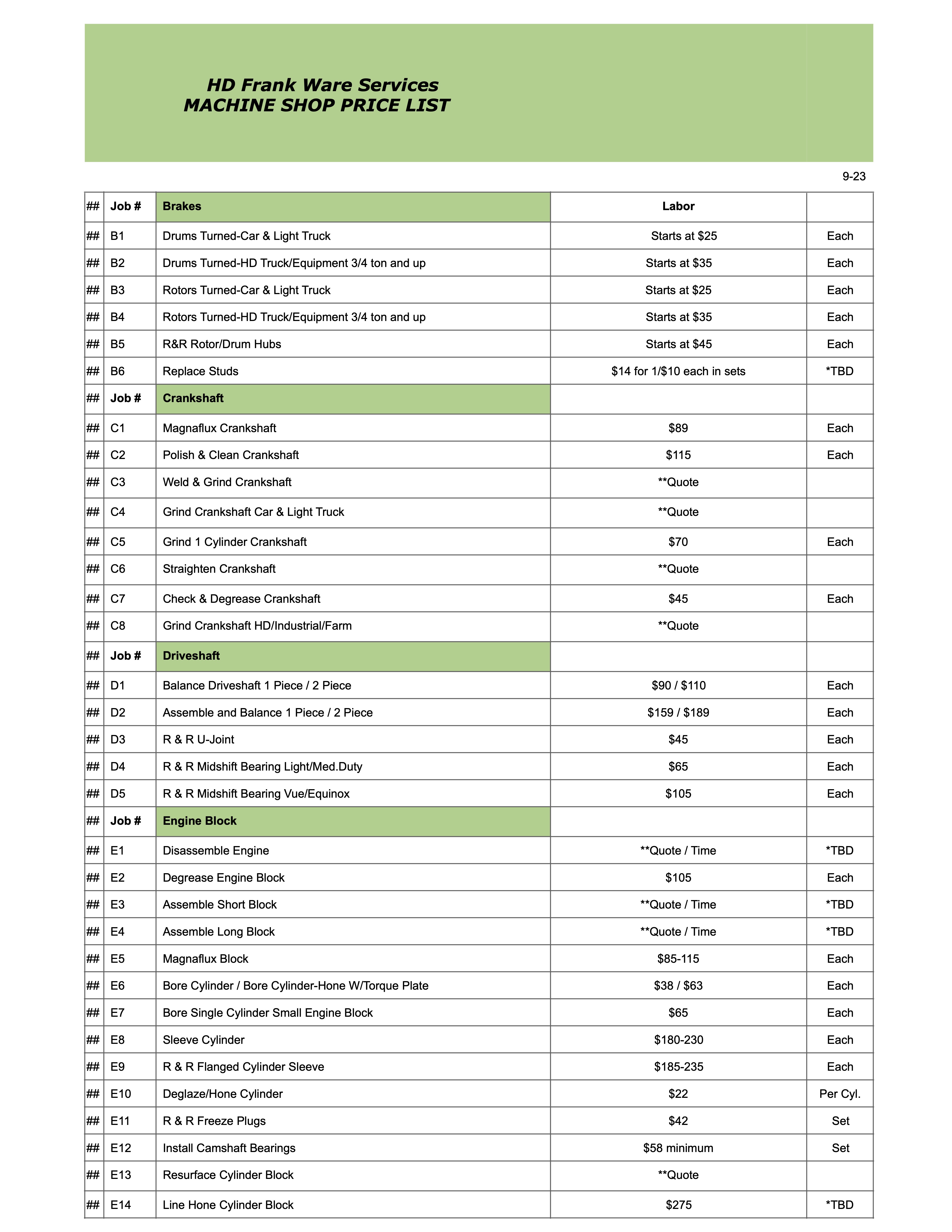 Pricing List – Frank Ware Machine Shop services
